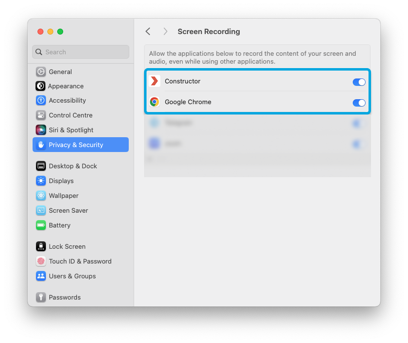 Access to screen recording is disabled in OS settings